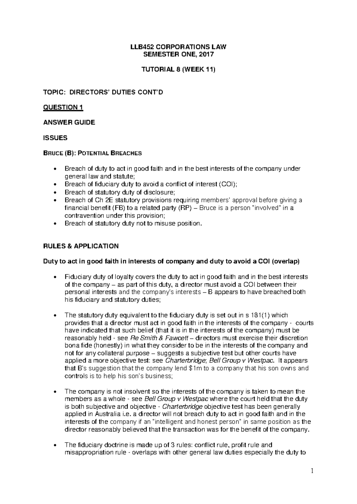 Answer Guide for Tutorial 8 - LLB452 CORPORATIONS LAW SEMESTER ONE ...