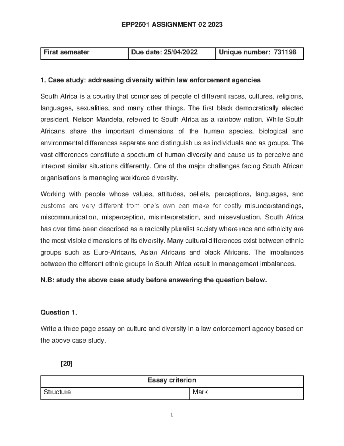 EPP2601 Case Study Assignment 2: Diversity in Law Enforcement Agencies ...