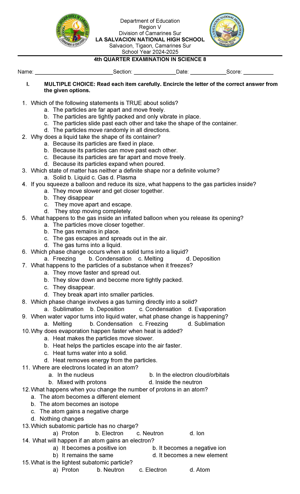 Grade 8 Science 4th Quarter Exam Questionnaire (SCI8) - Studocu