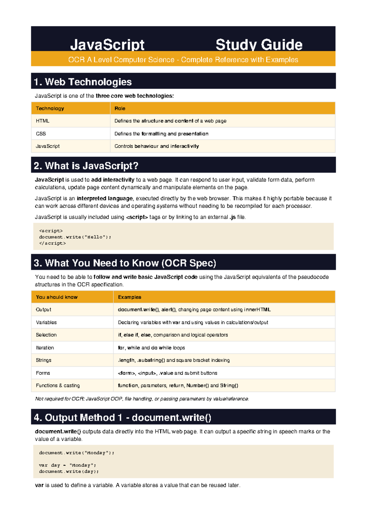 JavaScript Study Guide: OCR A Level Computer Science Essentials - Studocu
