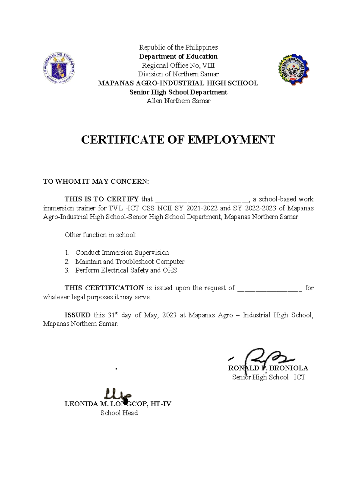 Certificate of Employment for TVL CSS NCII Work Immersion Trainer - Studocu