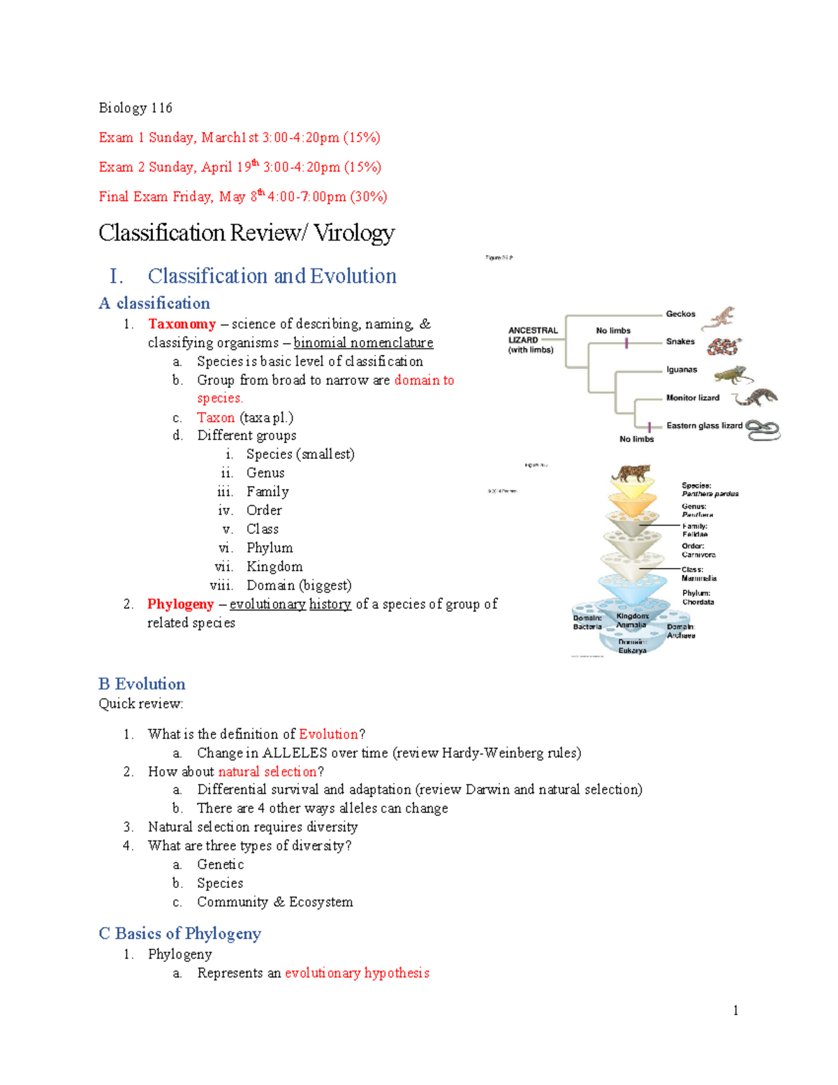 Biology 116: Exam 1 & Final Exam Review Notes on Classification ...