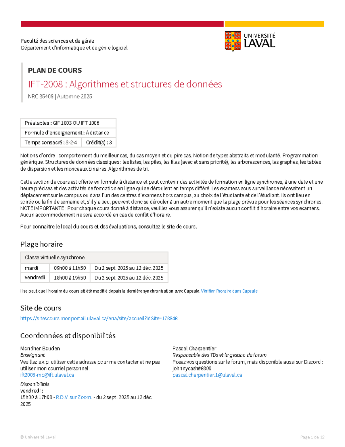 IFT-2008 A25 Plan de Cours : Algorithmes et Structures de Données Automne 2025 - Studocu