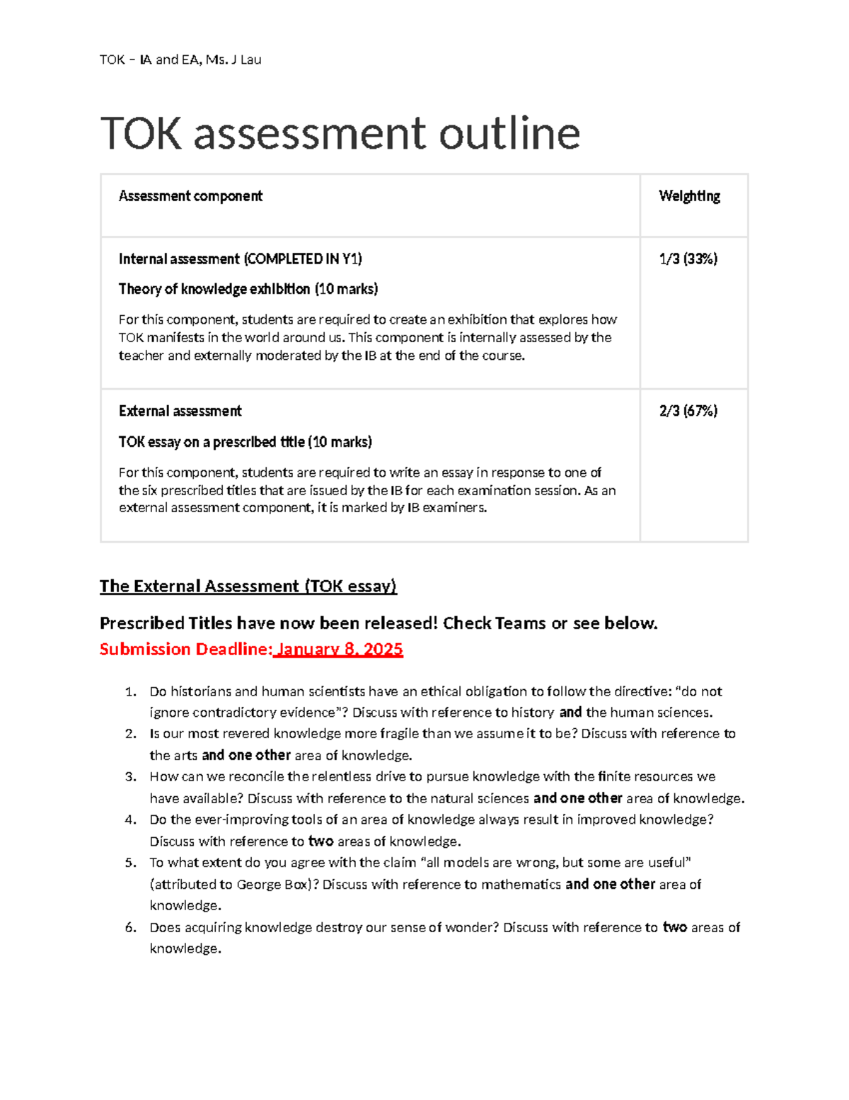 TOK - Essay Requirements & Prescribed Titles (IA & EA) - Studocu