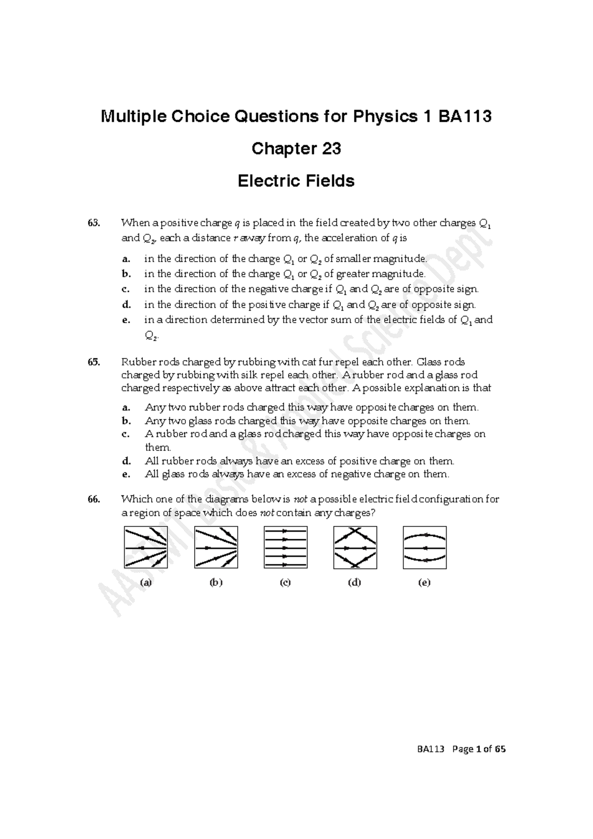 MCQS Electromagnetism 1 - Multiple Choice Questions for Physics 1 BA Chapter 23 Electric Fields ...