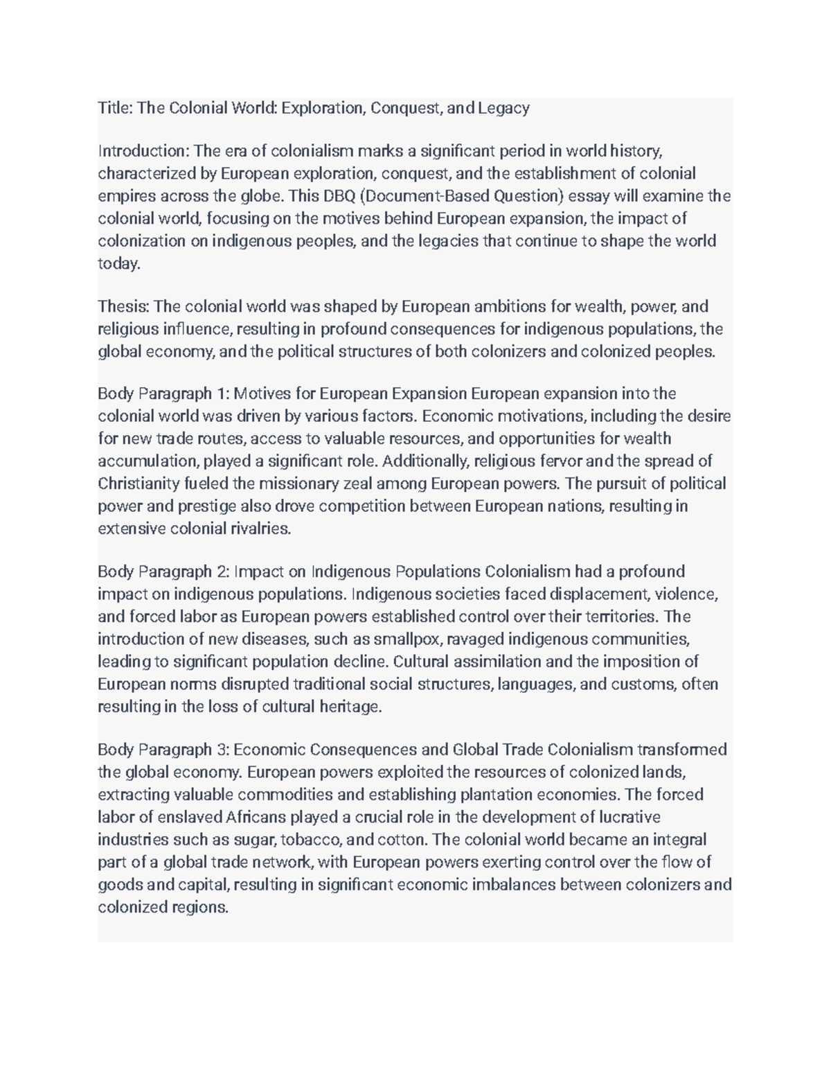 Colonial World DBQ: Examining Exploration, Impact, and Legacies - Studocu