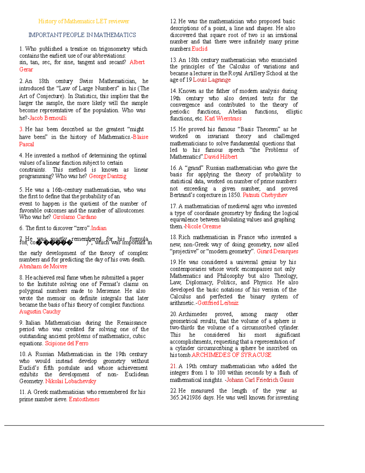 History of Mathematics LET Reviewer: Key Figures and Contributions ...