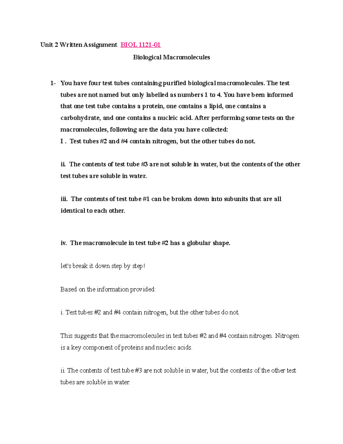 Unit 2 Biological Micromolecules - Unit 2 Written Assignment BIOL 1121 ...