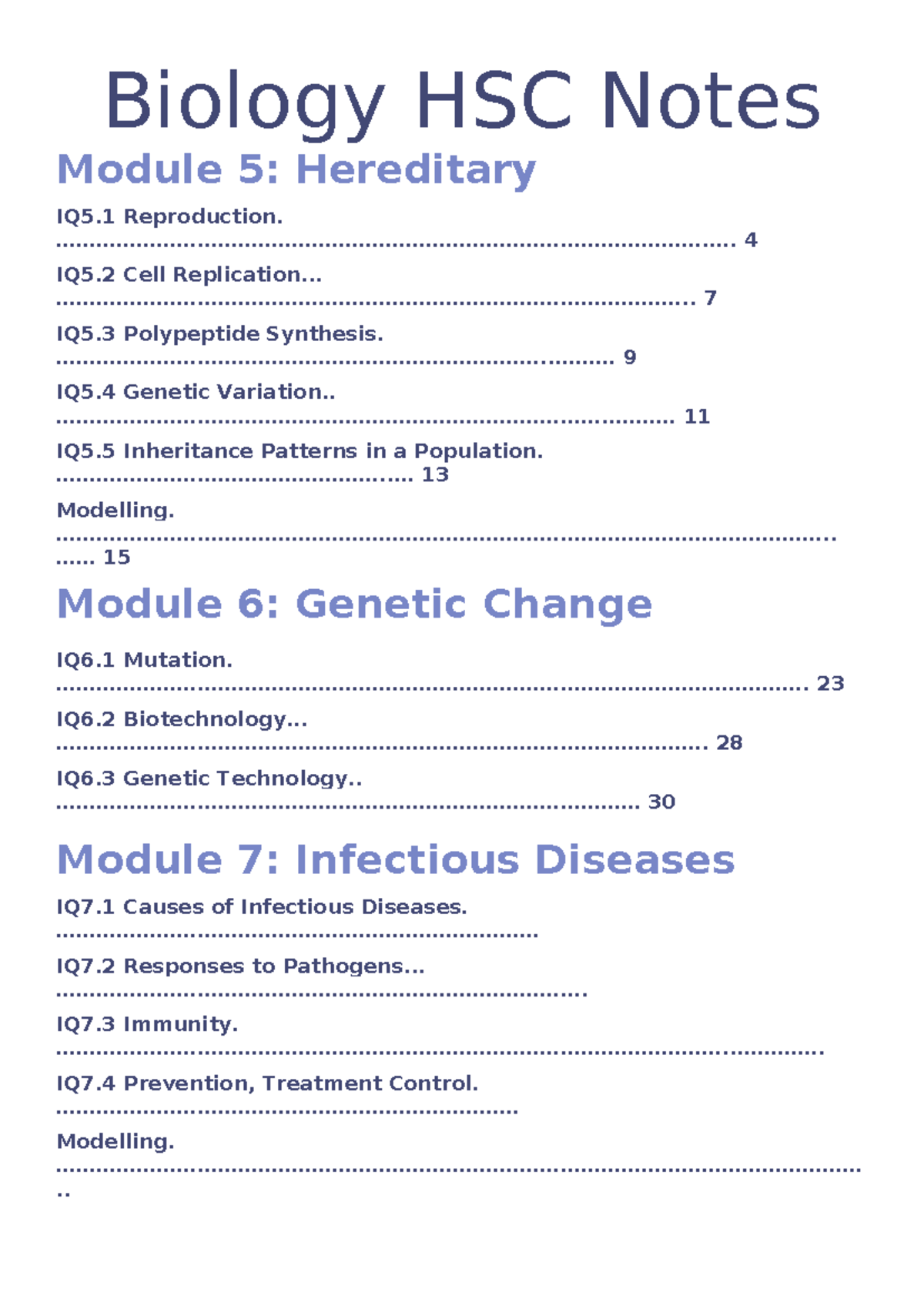 Biology HSC Study Notes: Modules on Reproduction, Genetic Variation ...