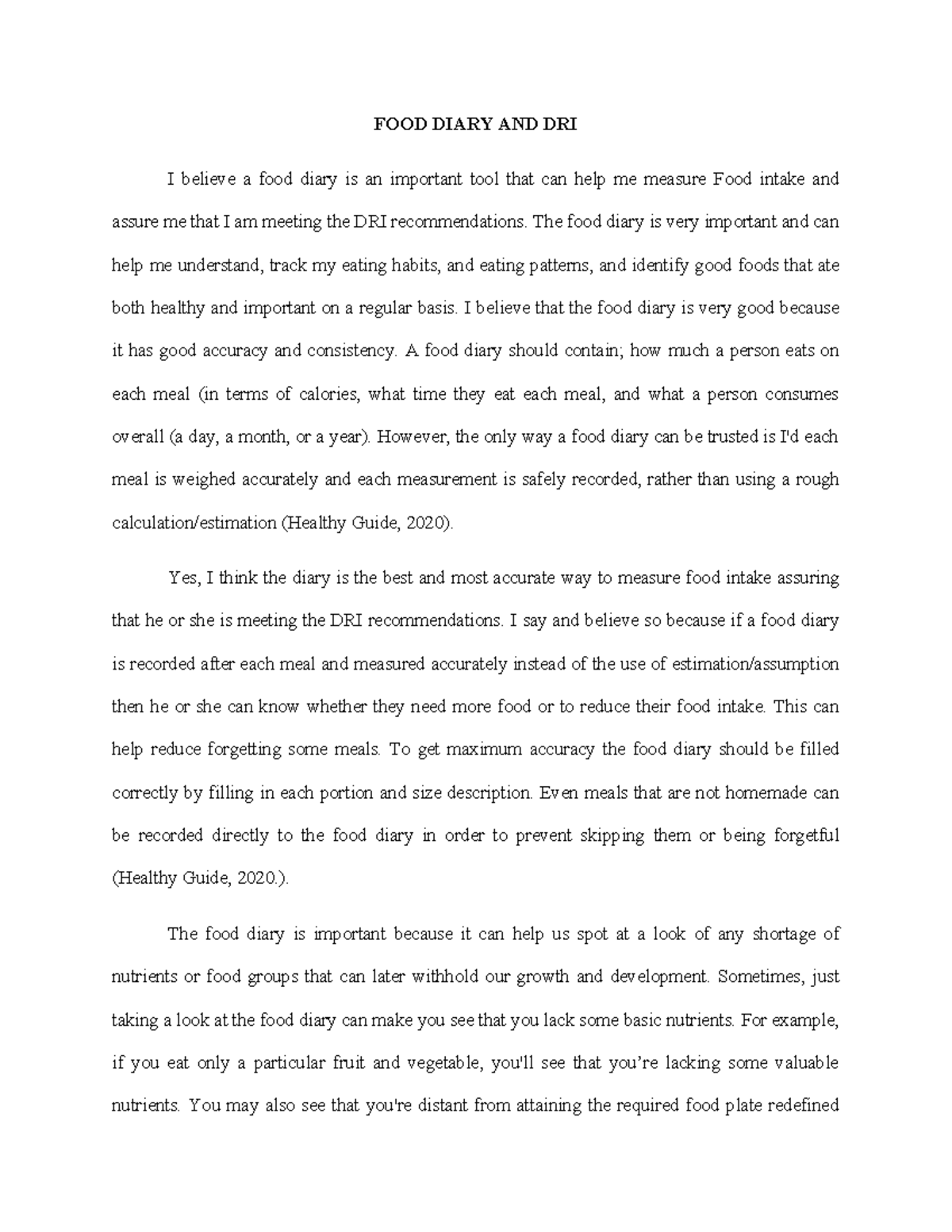 Food Diary & DRI: Importance for Nutritional Tracking - Studocu