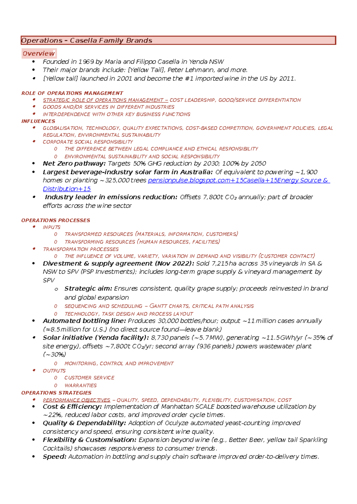 Operations Management Overview: Casella Family Brands (BUS 101) - Studocu