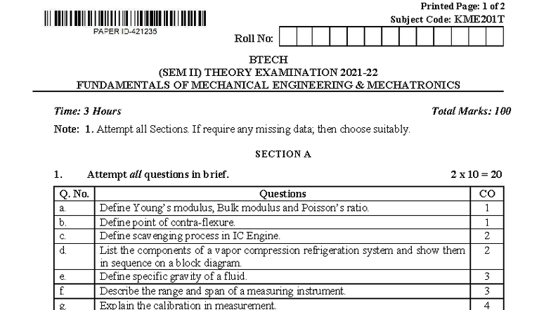 BTech 2nd Sem KME201T: Fundamentals of Mechanical Engineering & Mechatronics - Studocu