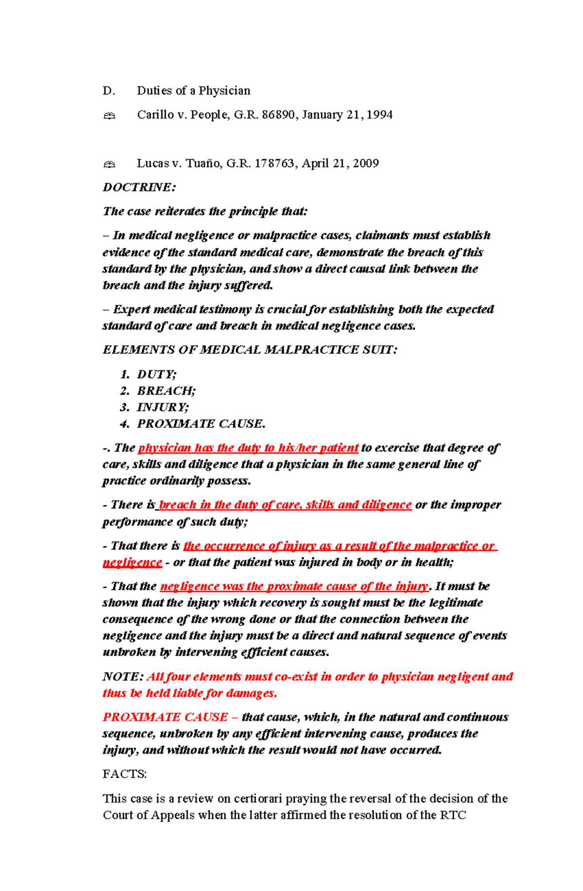 Medical Malpractice Cases: Key Principles and Case Summaries (LAW 101 ...