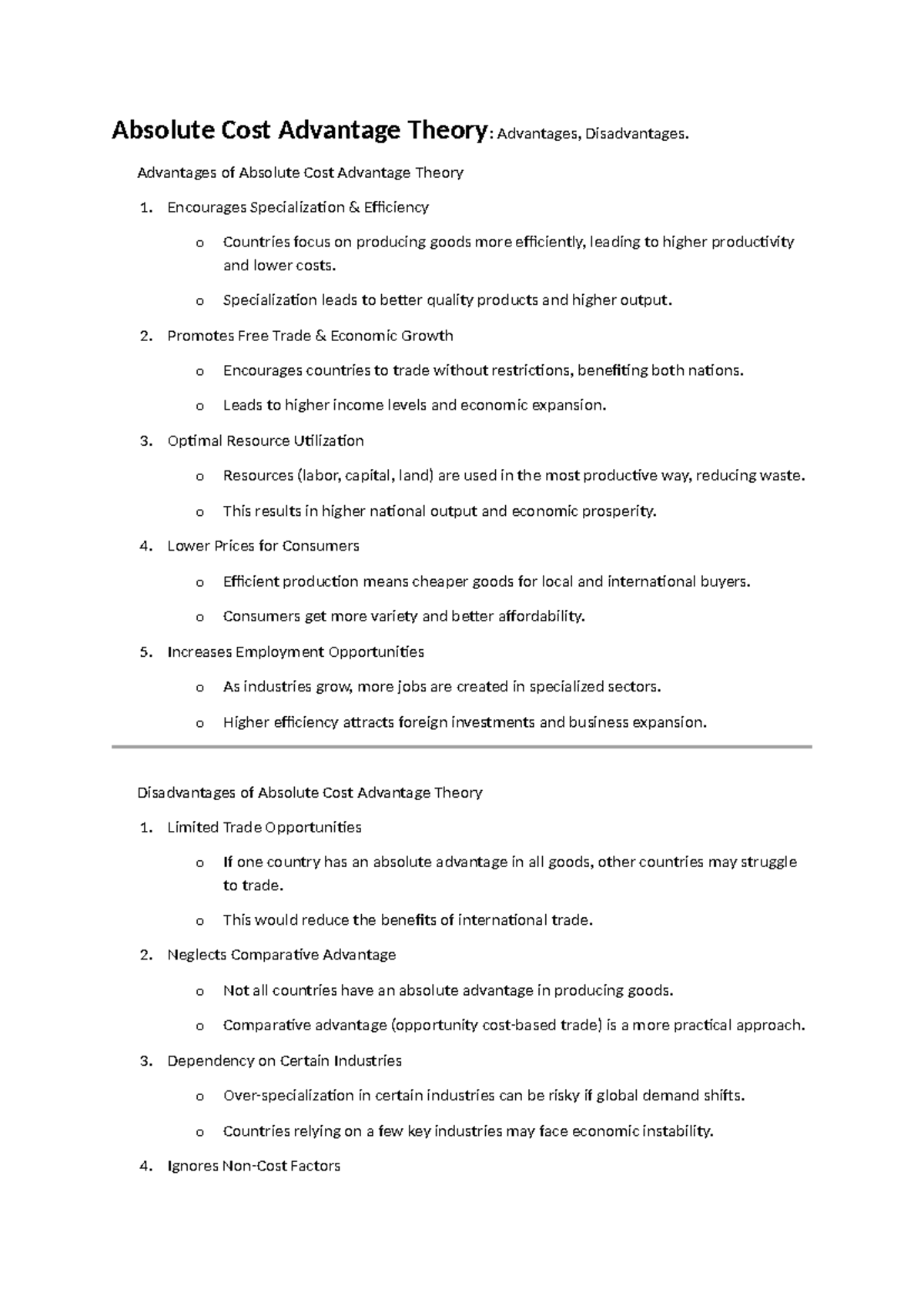 Adv and Disadv of Absolute & Comparative Cost Advantage Theory - Studocu