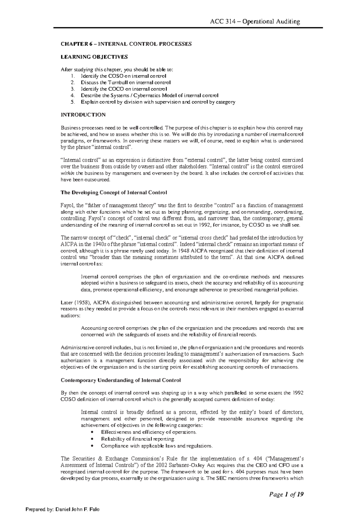 ACC 314 - M006 Internal Control Processes - Page 1 of 19 CHAPTER 6 ...