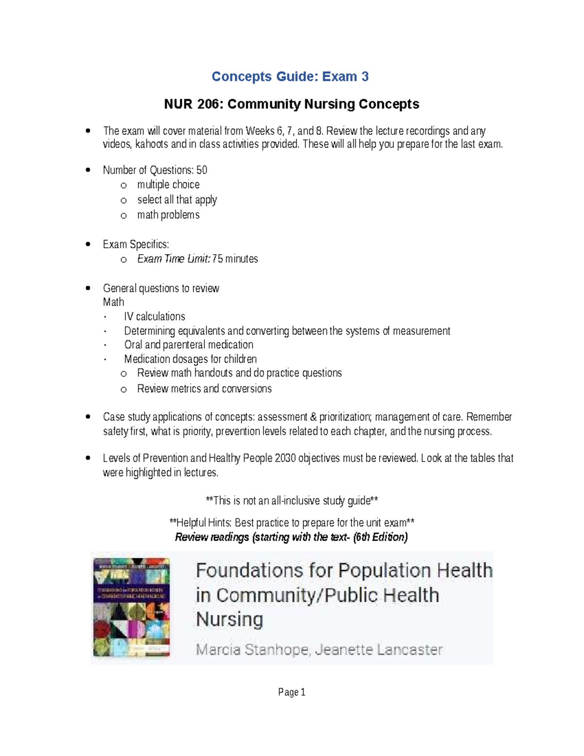 NUR 206: Exam 3 Concepts Guide for Community Nursing - Studocu