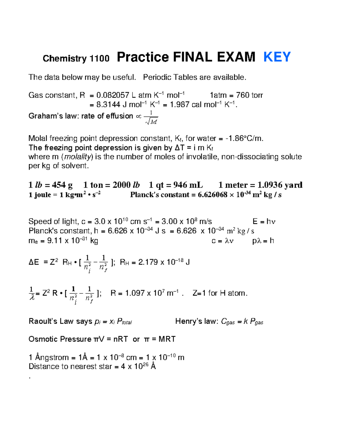 Chem1100 Practice Final Exam Answers and Key Guide - Studocu