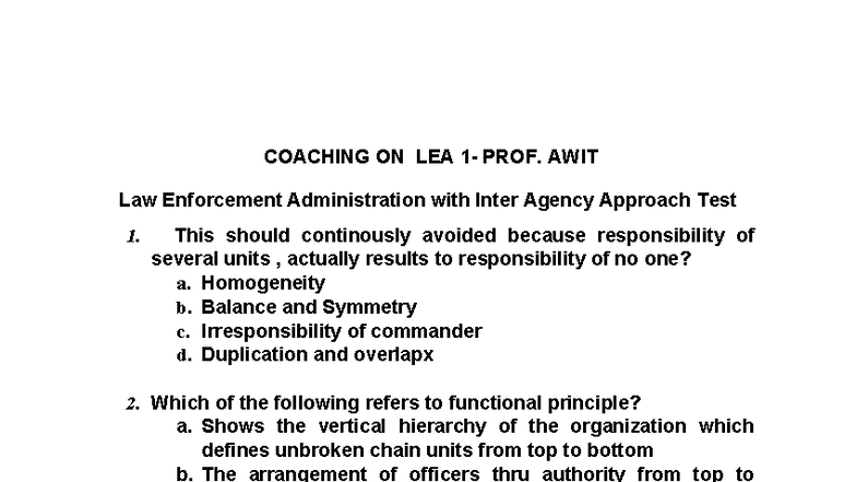 LEA 1: 100 Items for Prof. Awit's Law Enforcement Test 1 - Studocu