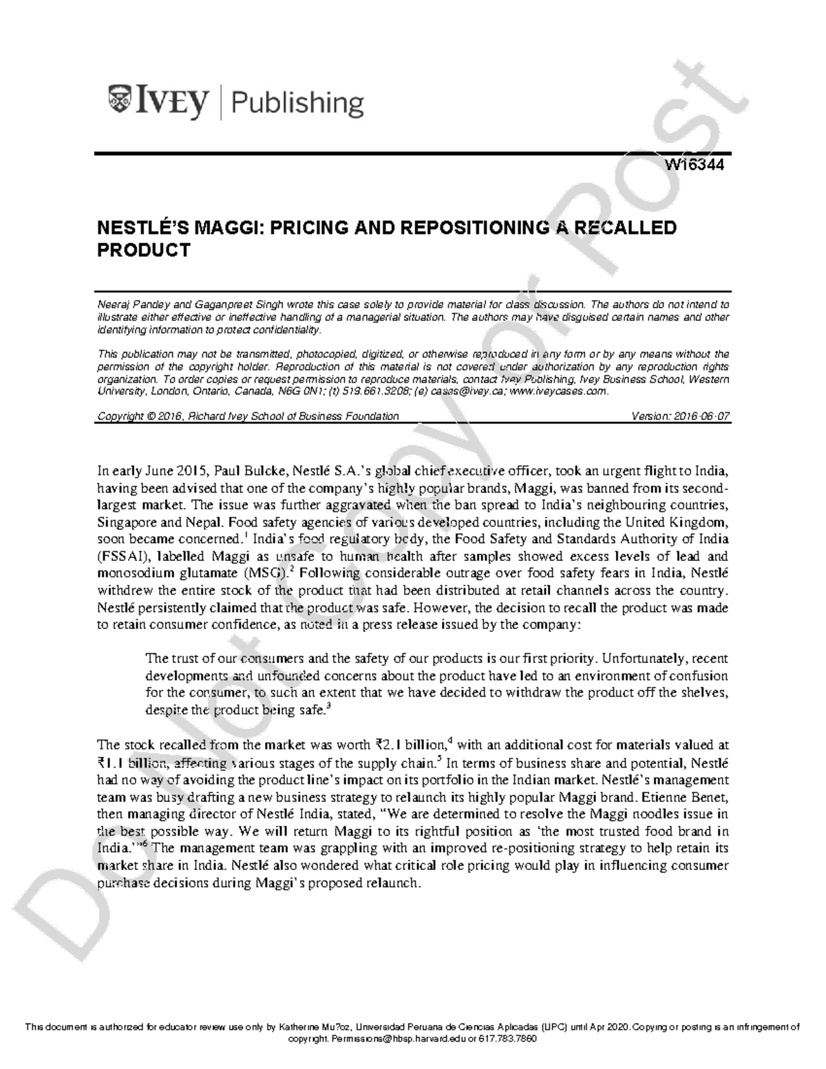 Maggi Case Study W16344: Pricing & Repositioning After Recall - Studocu