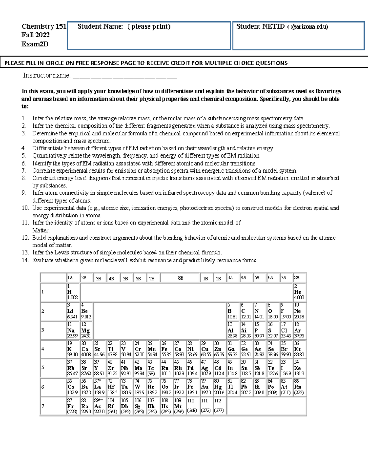 Chem 151 Fall 2022 Exam 2B: Analyzing Chemical Properties & Spectra - Studocu