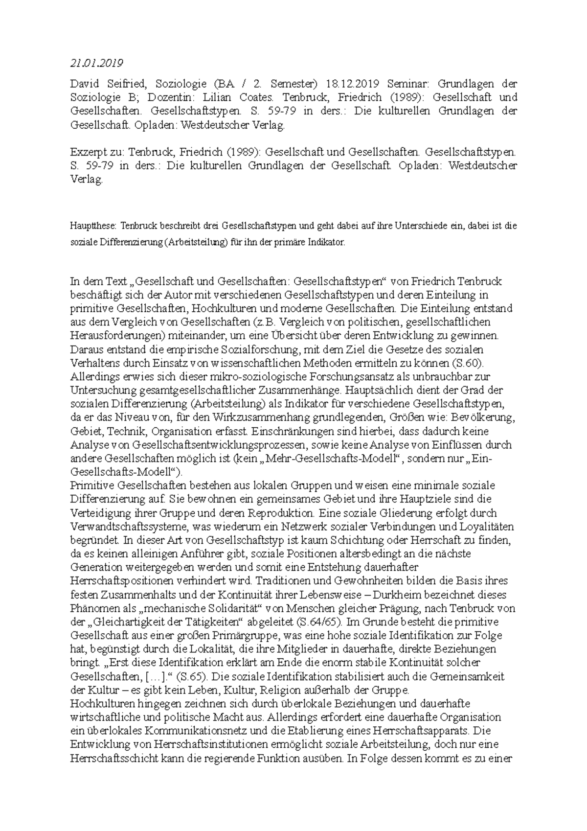 Tenbruck Gesellschaft Seifried - 21. David Seifried, Soziologie (BA / 2 ...