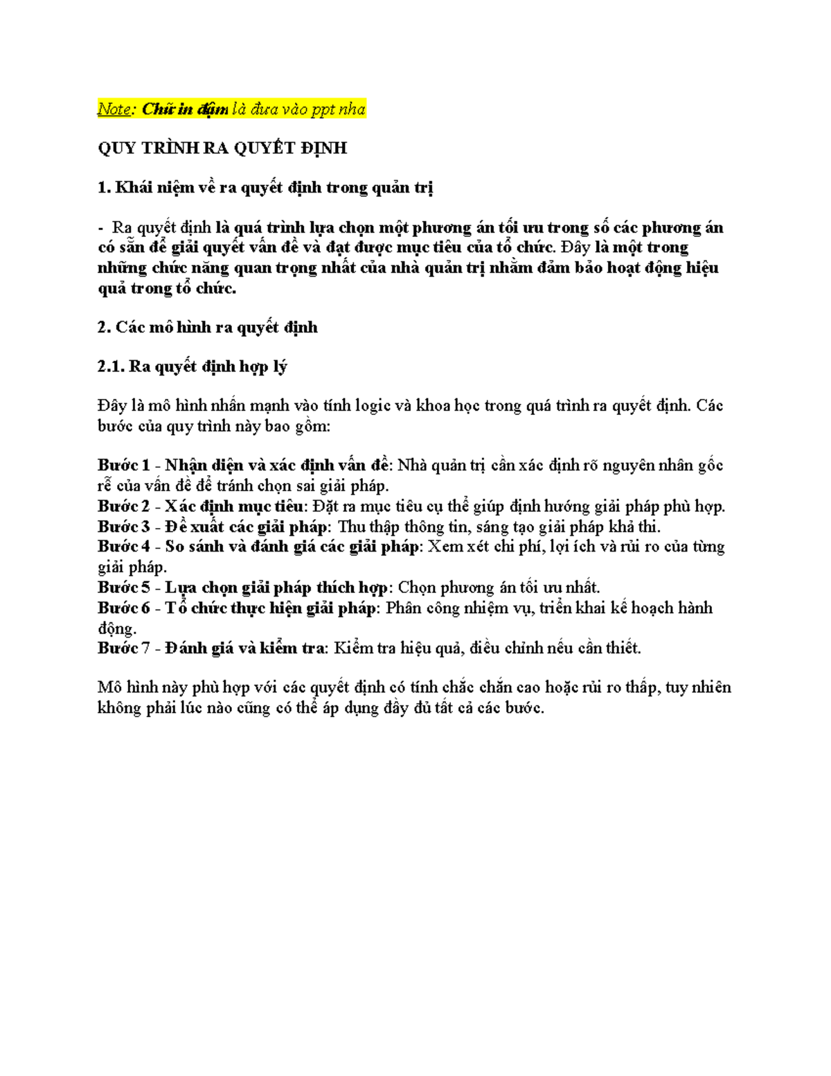QUY TRÌNH RA QUYẾT ĐỊNH TRONG QUẢN TRỊ - TỔNG HỢP CHI TIẾT - Studocu