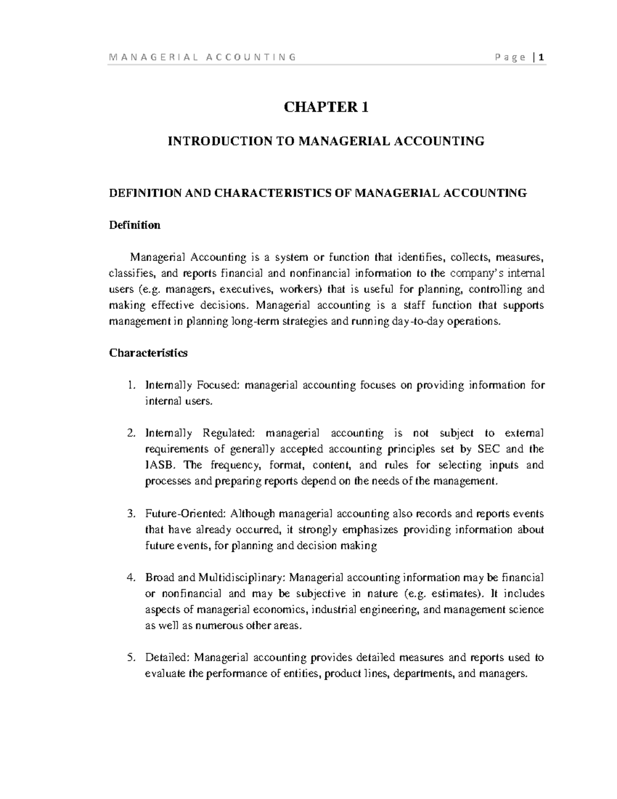 Managerial Accounting 101: Chapter 1 Overview & Key Concepts - Studocu
