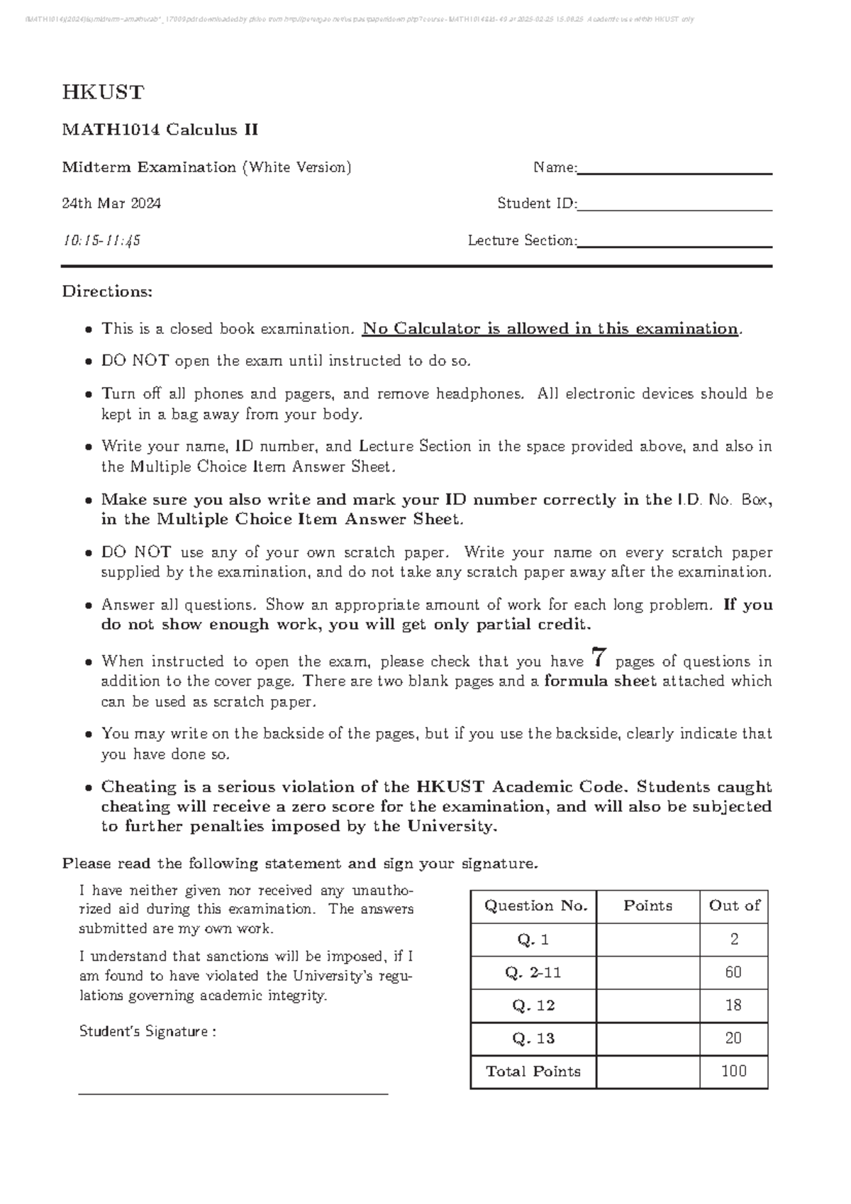 MATH1014 Calculus II Midterm Exam 2024 - Past Paper (White Version ...
