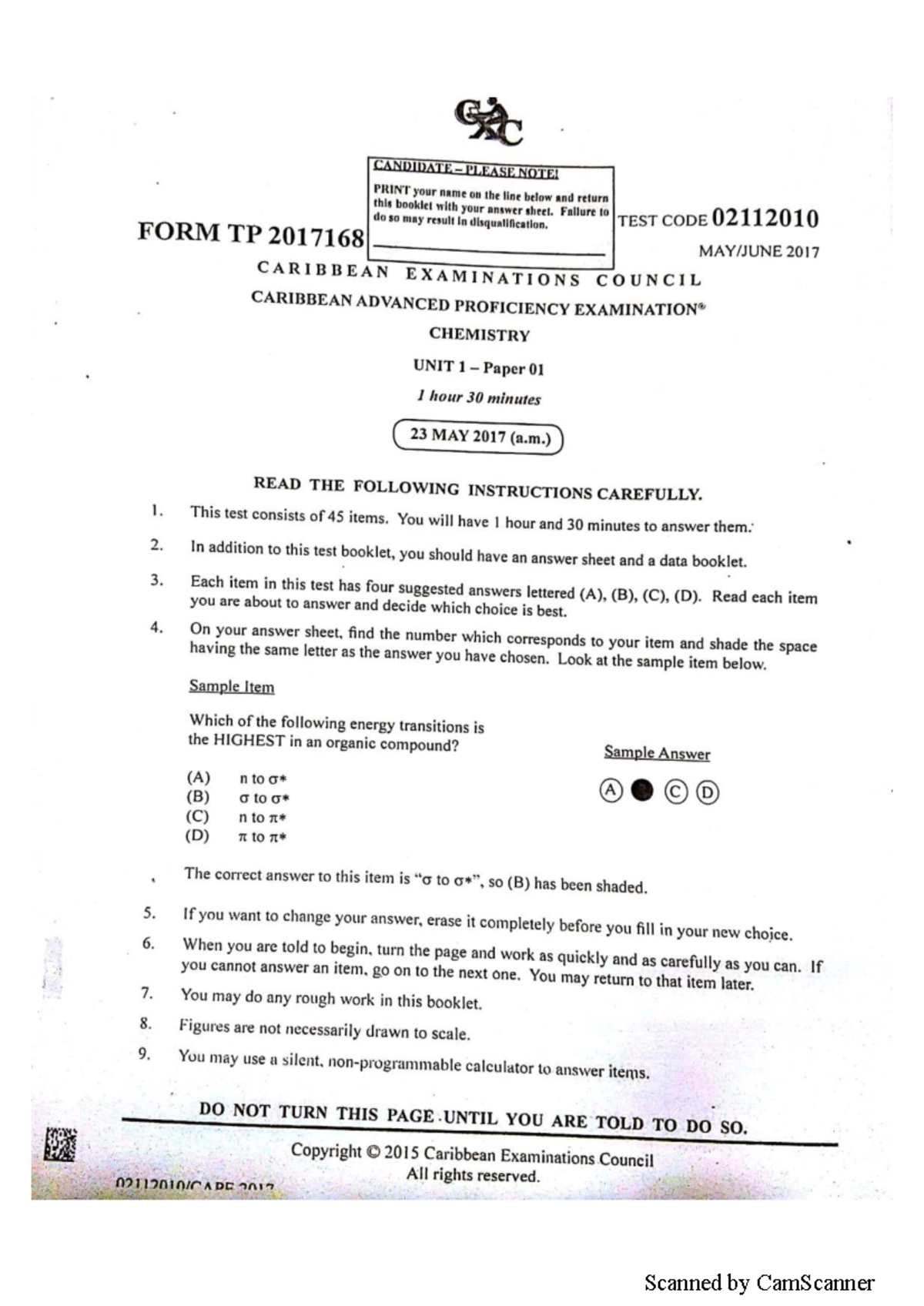 CAPE Chemistry Unit 1 - 2017 P1 Past Paper Instructions and Questions ...