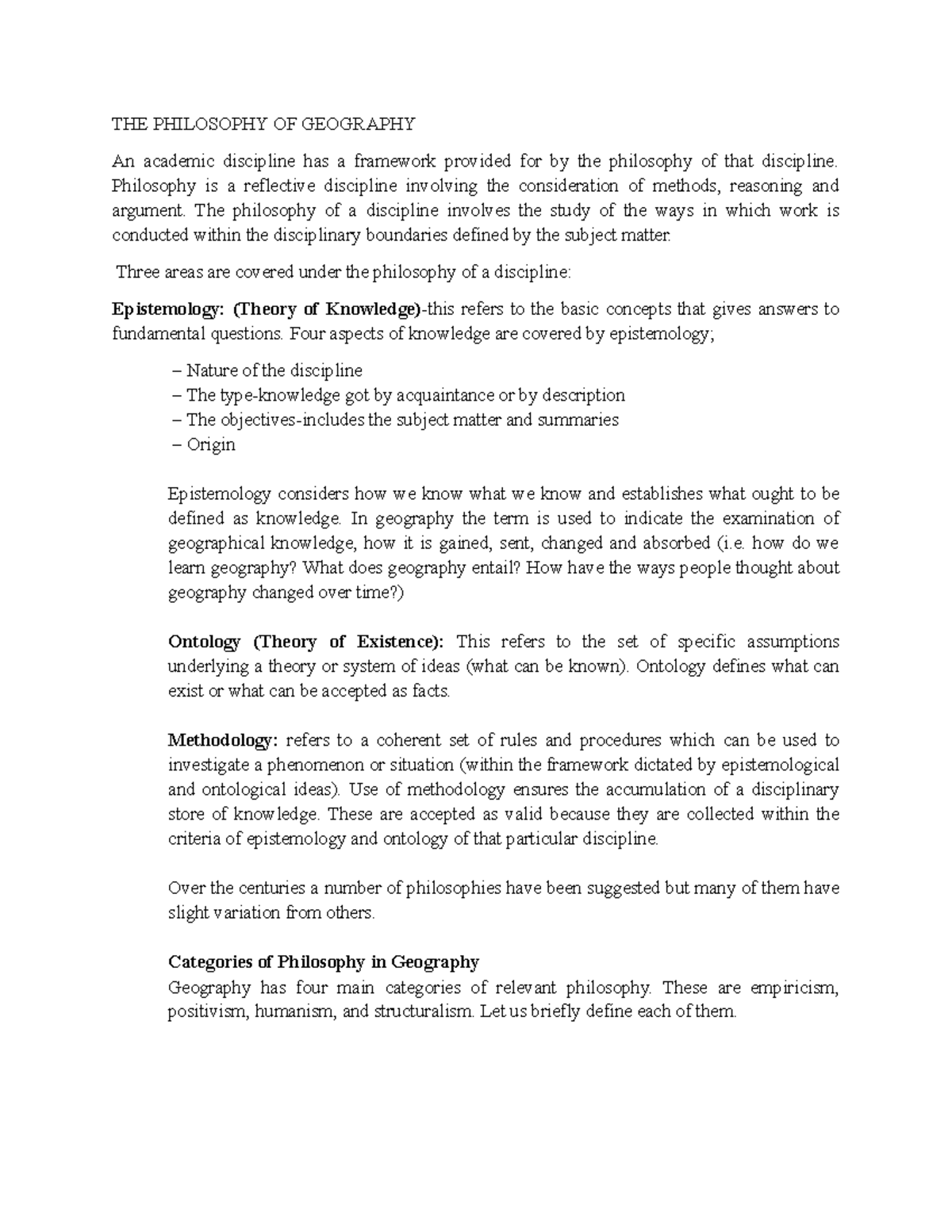 Philosophy of Geography: Key Concepts and Categories - Studocu