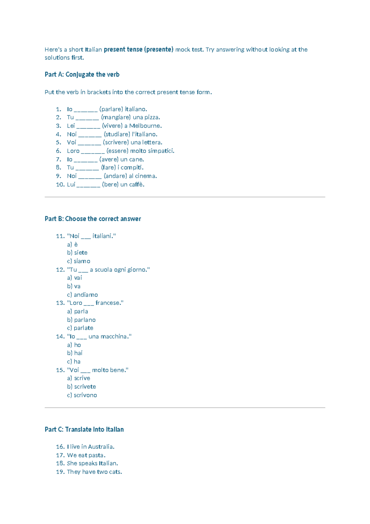 Italian Present Tense Mock Test: Practice Questions - Studocu