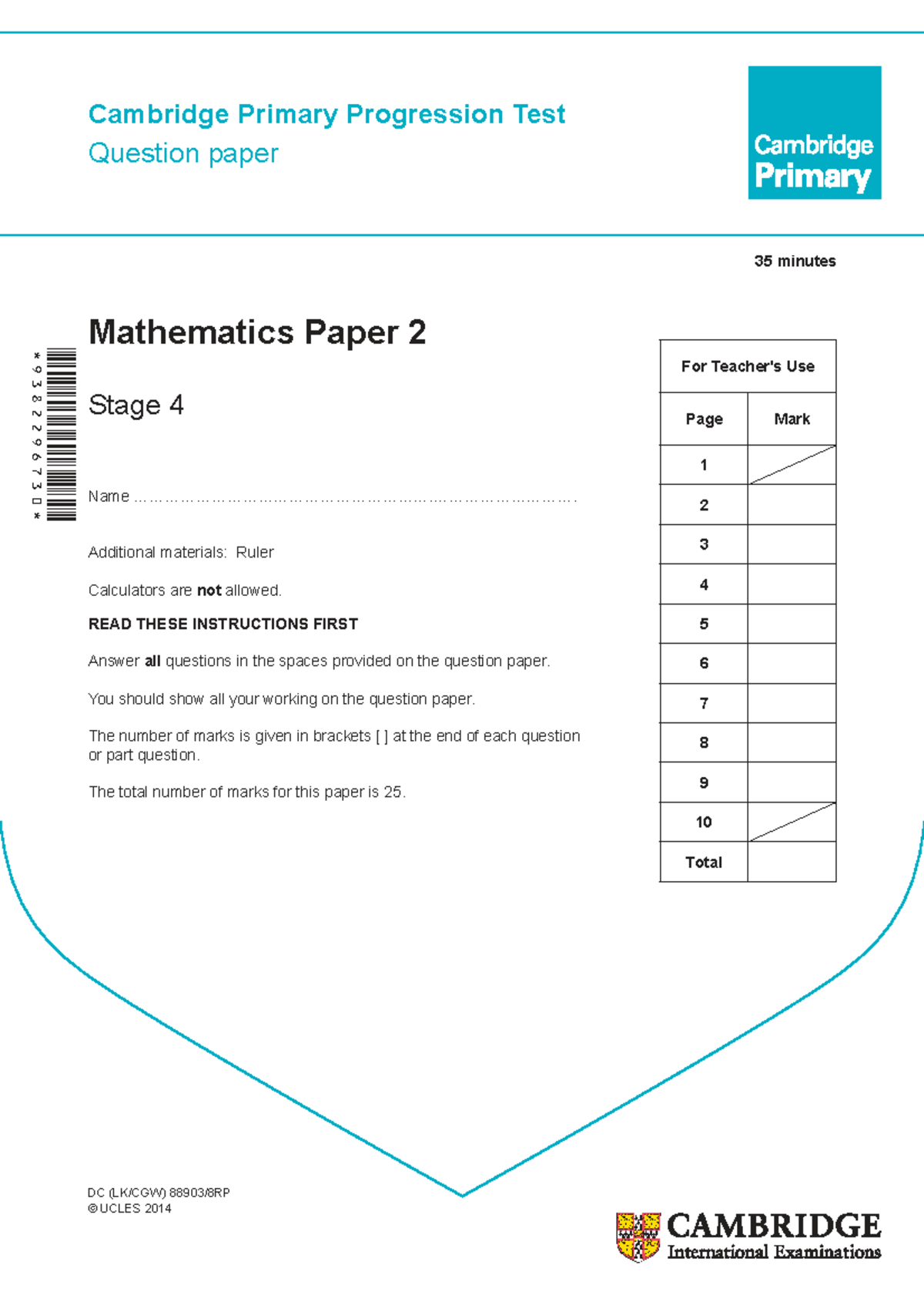 Maths Stage 4 - Cambridge Primary Progression Test Paper 2014 - Studocu