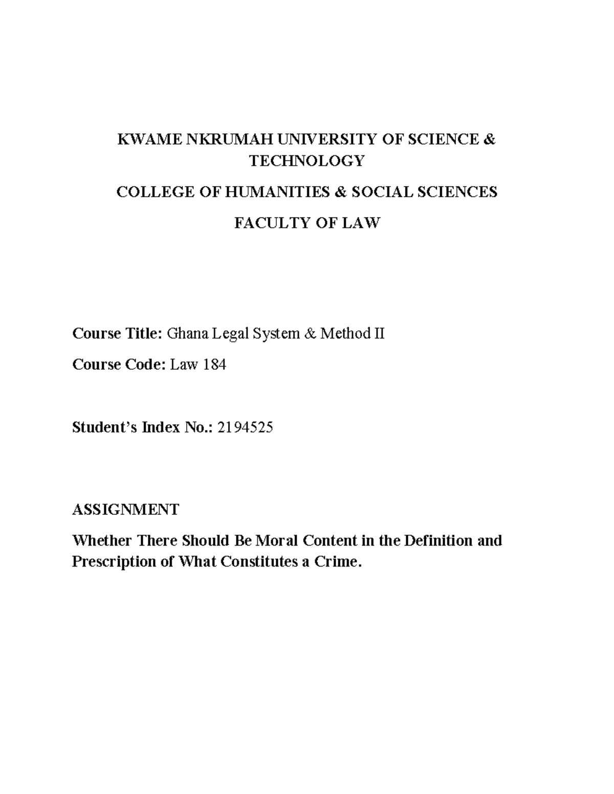 Law 184 Assignment: Moral Content in Defining Crime - Studocu