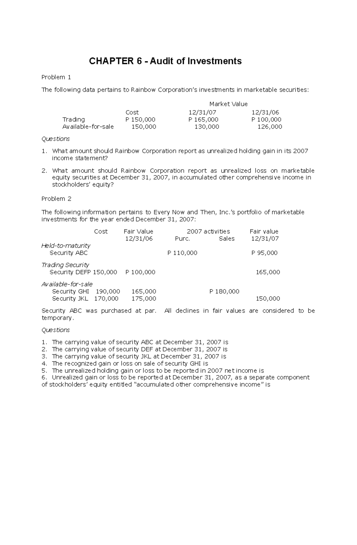Audit-of-Investments-Problems v1 - CHAPTER 6 - Audit of Investments ...