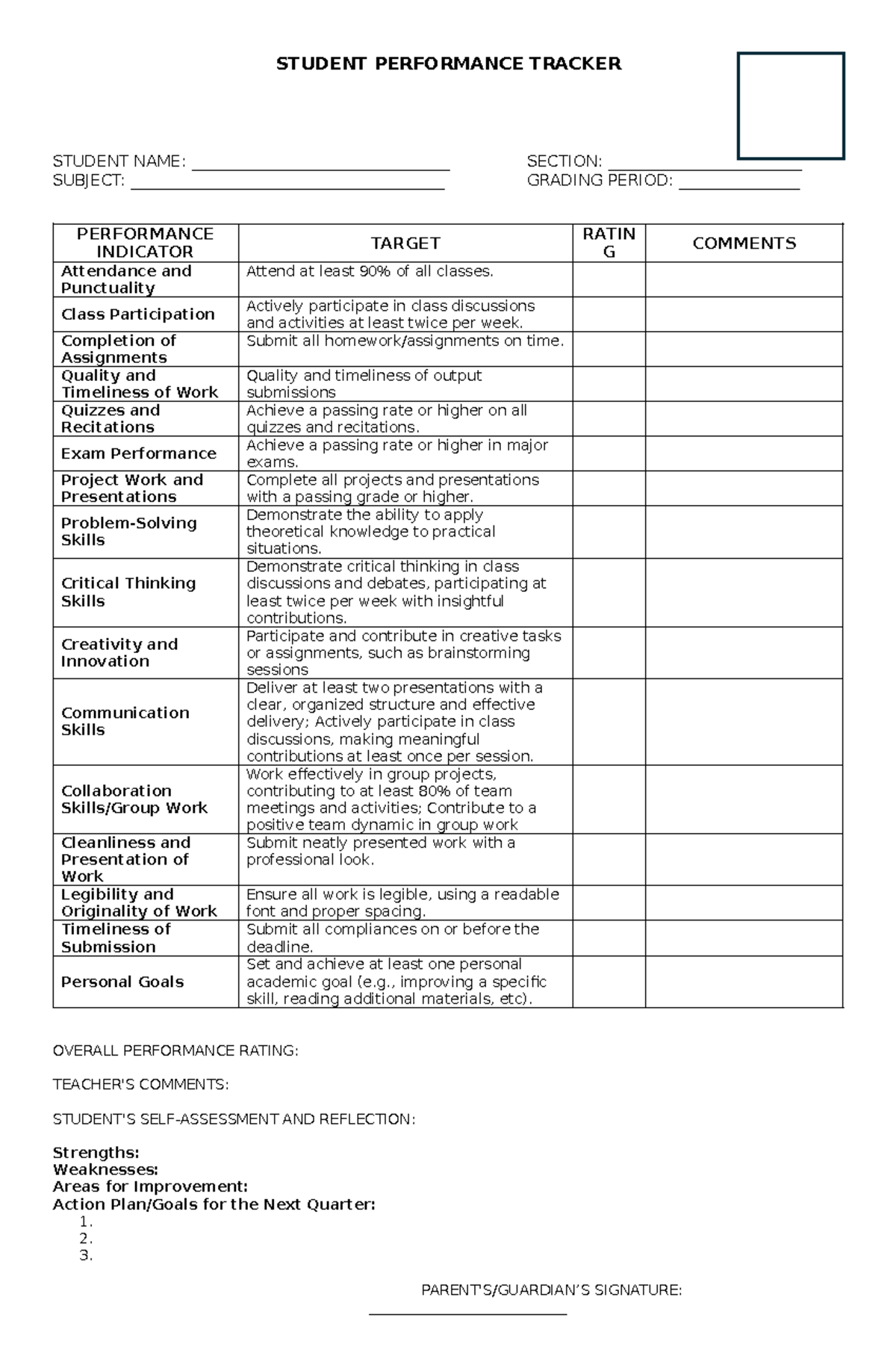 Student Performance Tracker - STUDENT PERFORMANCE TRACKER STUDENT NAME ...