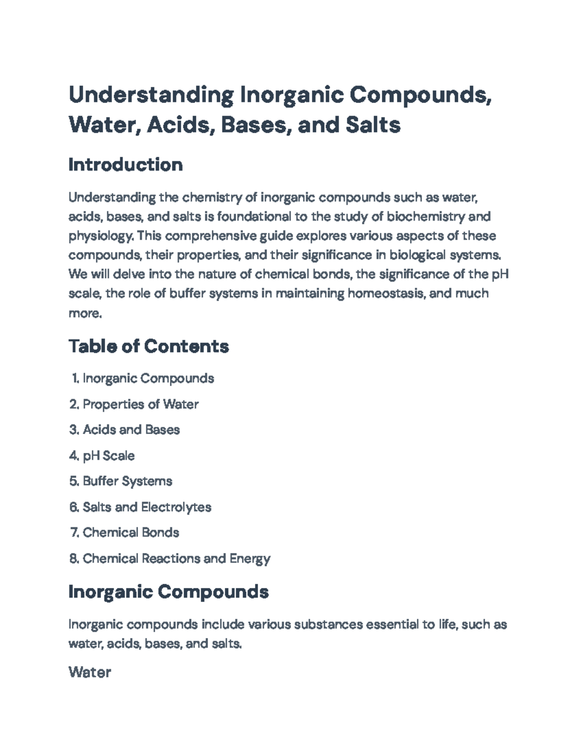 Inorganic Compounds: Water, Acids, Bases, and Salts Overview ...