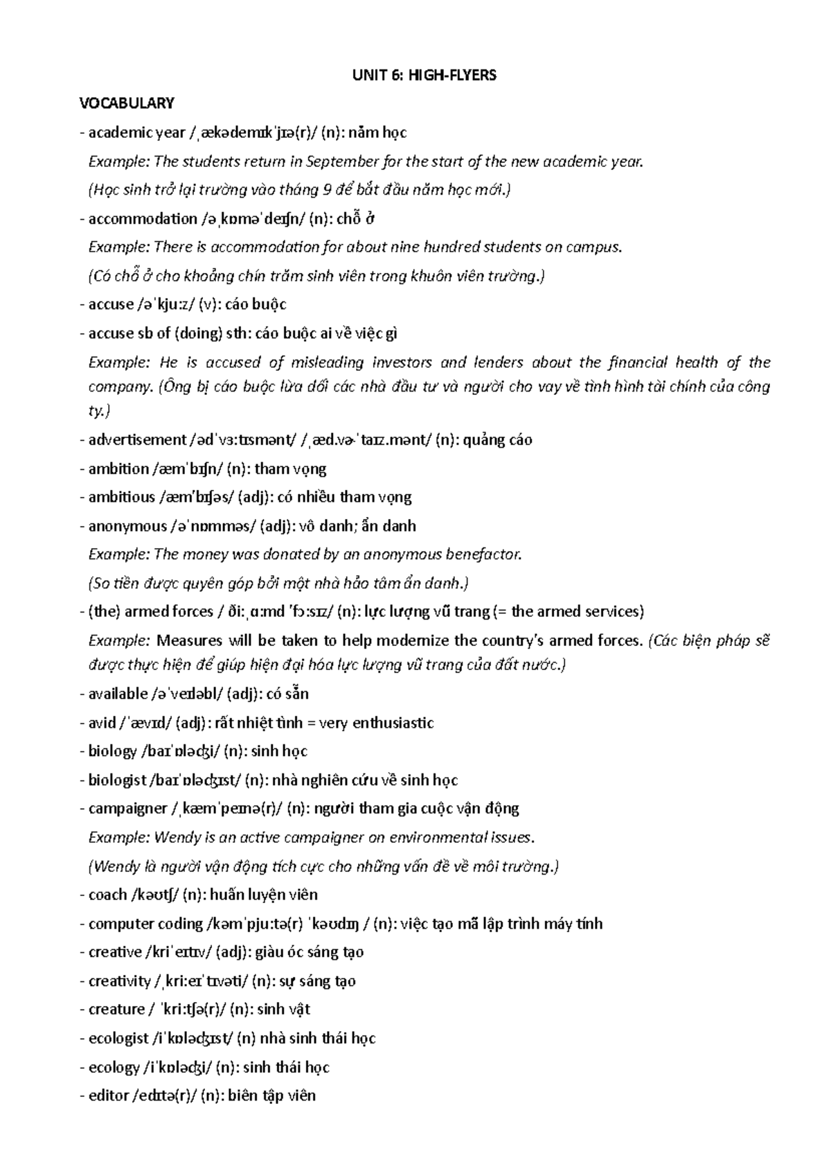 UNIT 6: HIGH-FLYERS - Vocabulary & Practice for Grade 11 - Studocu