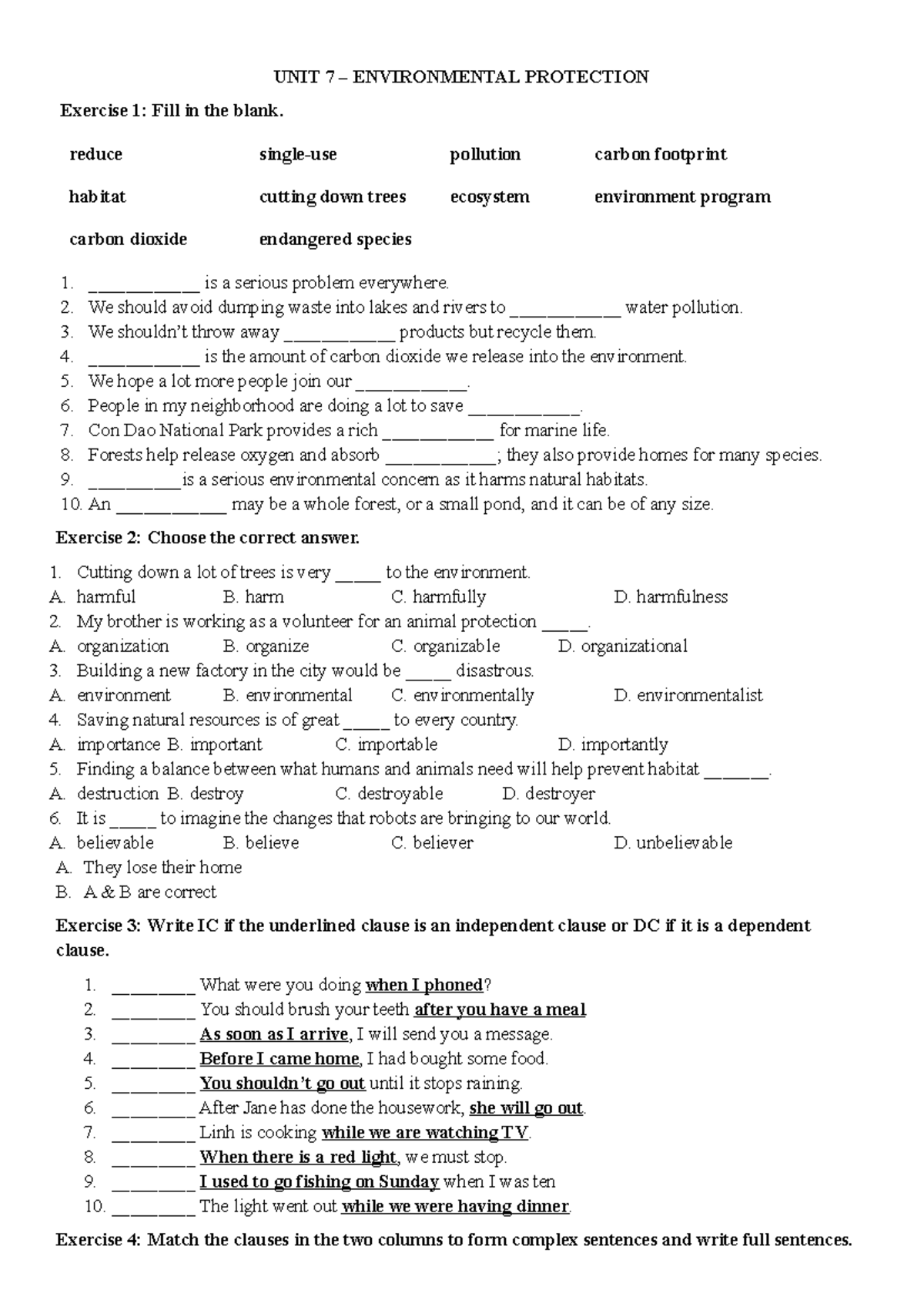 Grade 8 - UNIT 7 - Environmental Protection Exercises and Activities ...