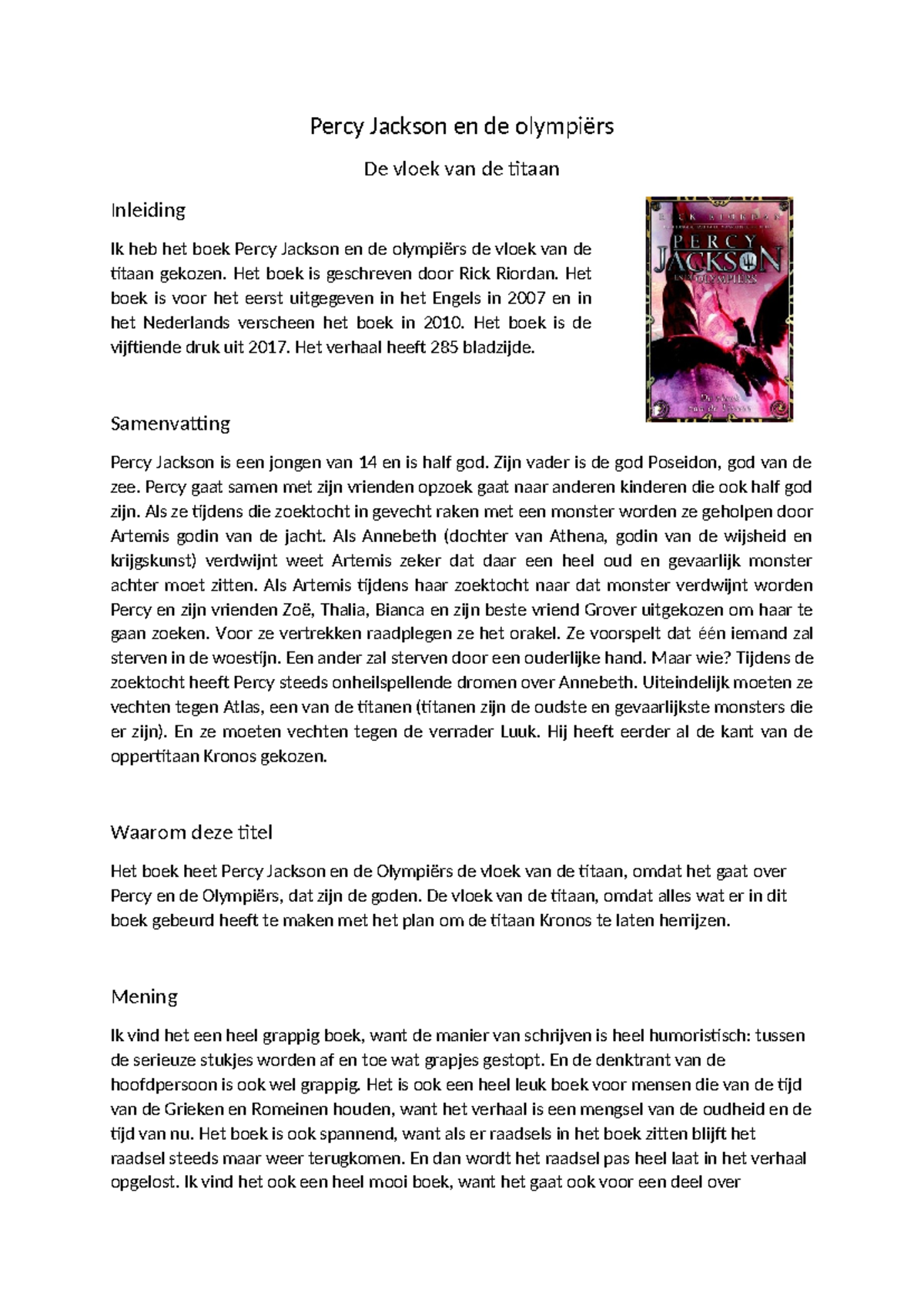 Boekverslag 3: Percy Jackson en de Olympiërs - De Vloek van de Titaan ...