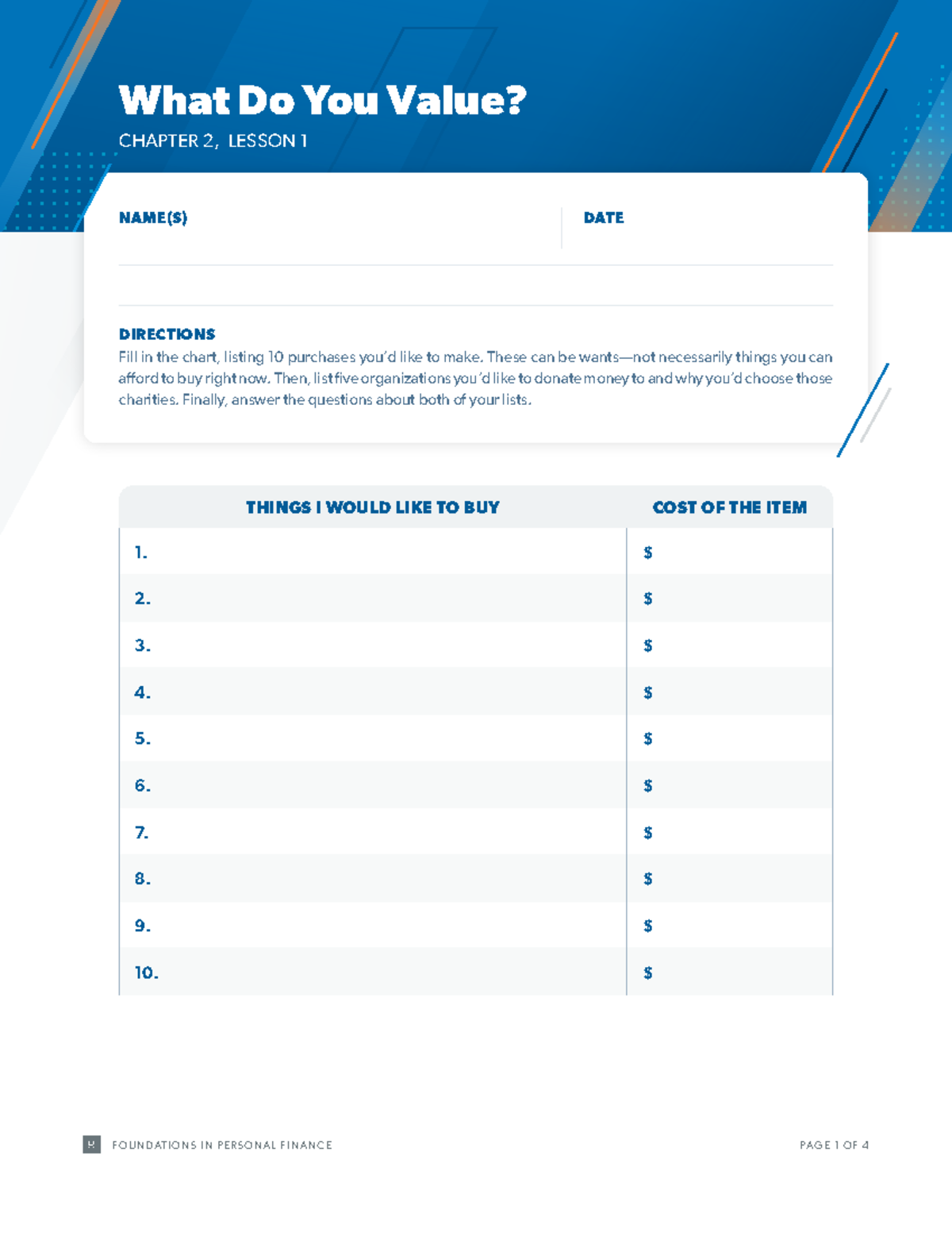Chater 2, Lesson 1 Activity What Do You Value - CHAPTER 2, LESSON 1 NAME(S) DATE DIRECTIONS Fill ...
