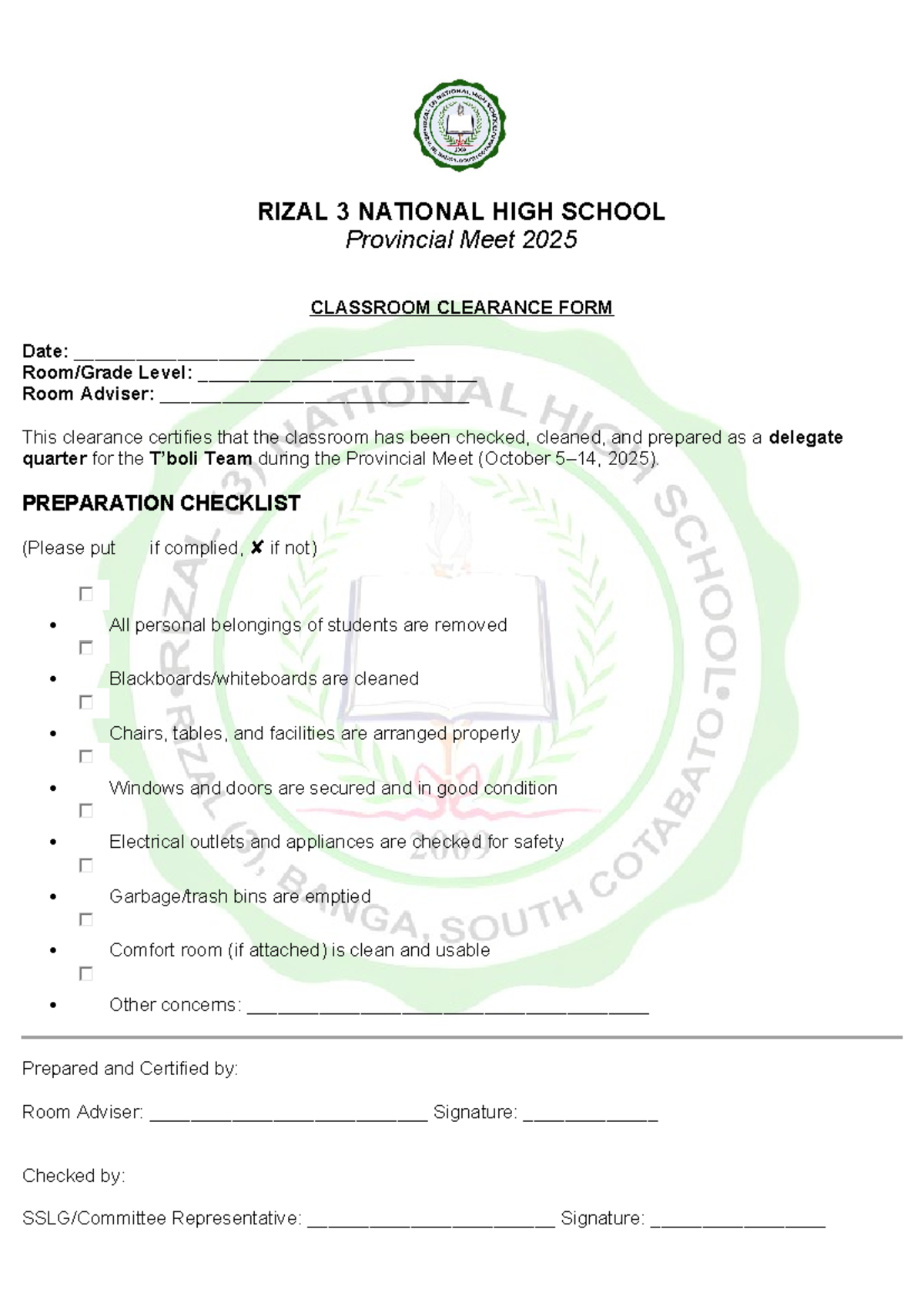 Classroom Clearance & Turnover Form - RIZAL 3 NH School 2025 - Studocu