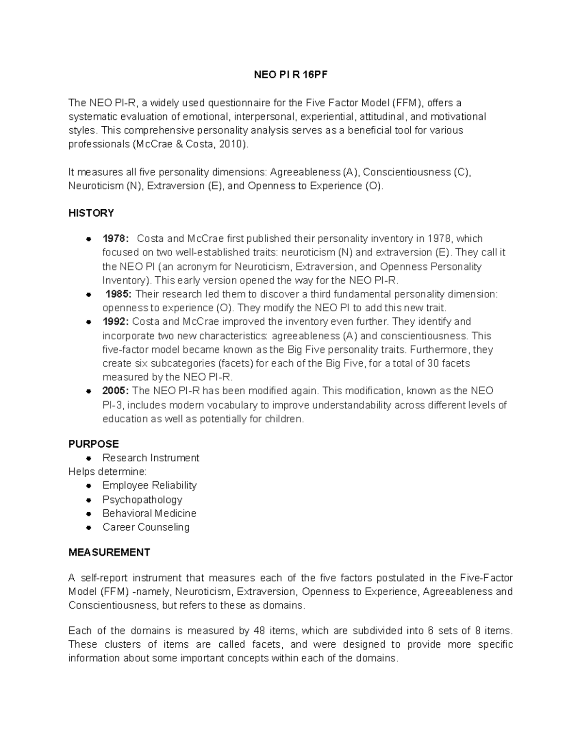 NEO PI R 16PF Handout - summary - NEO PI R 16PF The NEO PI-R, a widely ...
