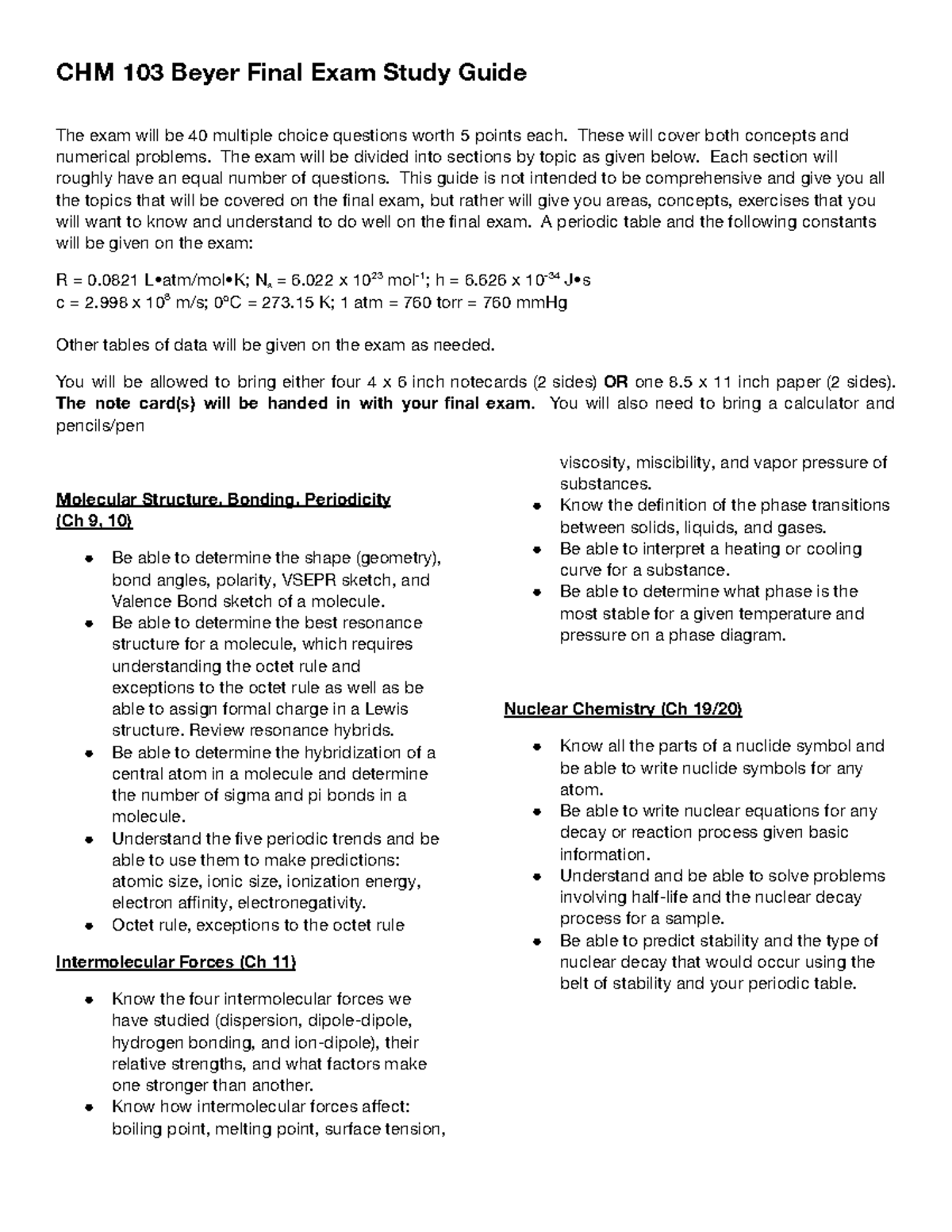 CHM 103 Beyer Final Exam Study Guide - Studocu
