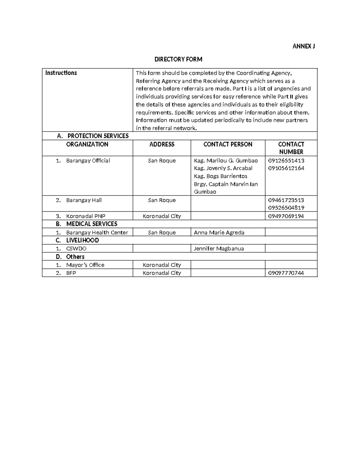 Annex J - Directory Form for Barangay Services and Requirements - Studocu