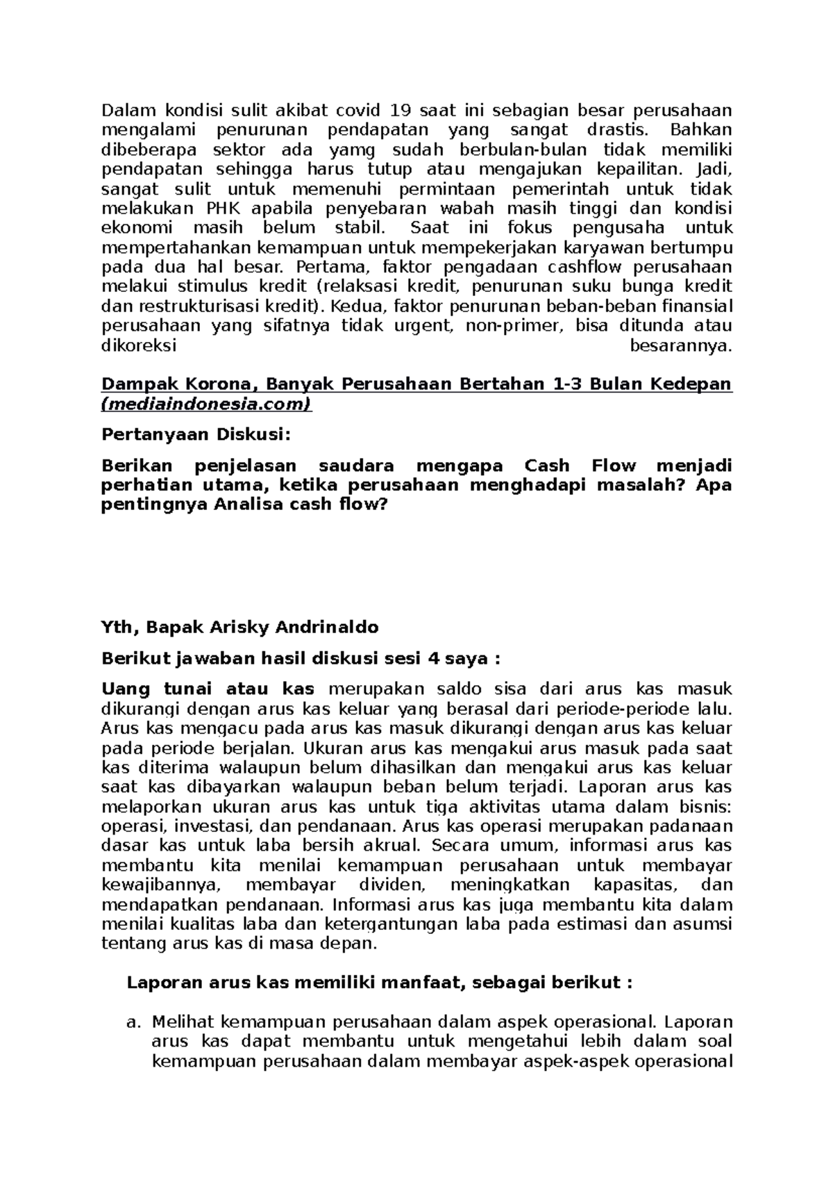 Diskusi 4 TAP: Pentingnya Analisis Cash Flow dalam Masa Sulit - Studocu
