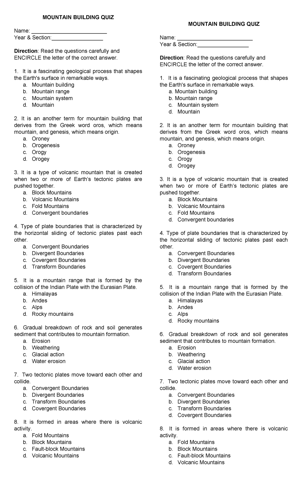 MOUNTAIN BUILDING QUIZ: Understanding Geological Processes - Studocu