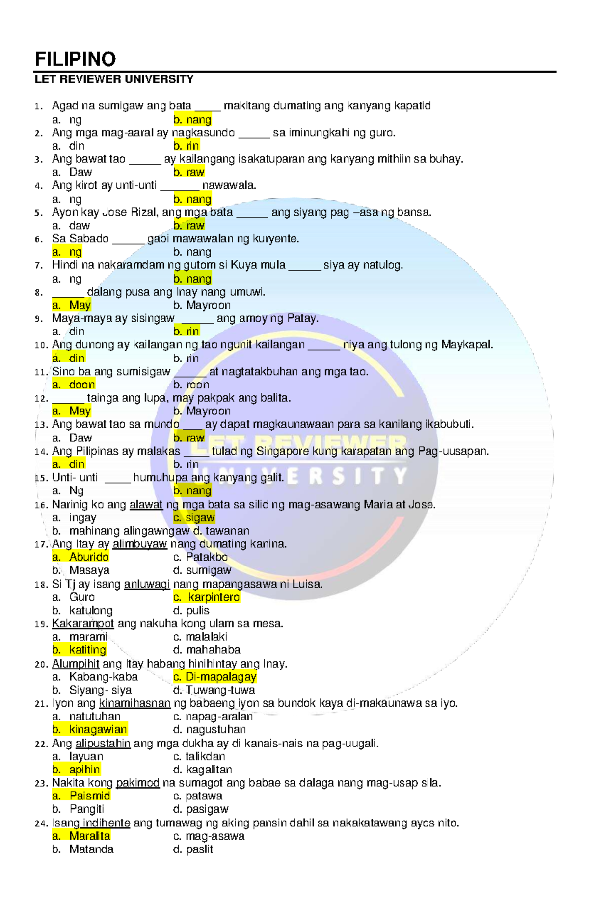 FILIPINO LET REVIEWER: UNIVERSITY 1 Comprehensive Guide - Studocu