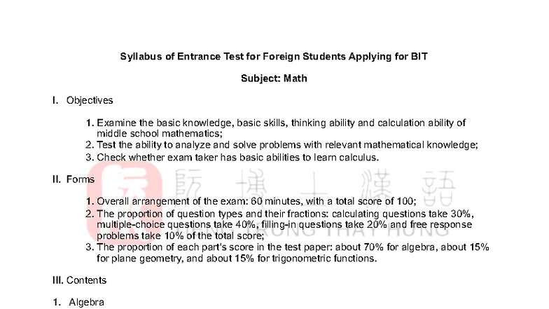 Syllabus for Entrance Test: Math I for Foreign Students (BIT) - Studocu