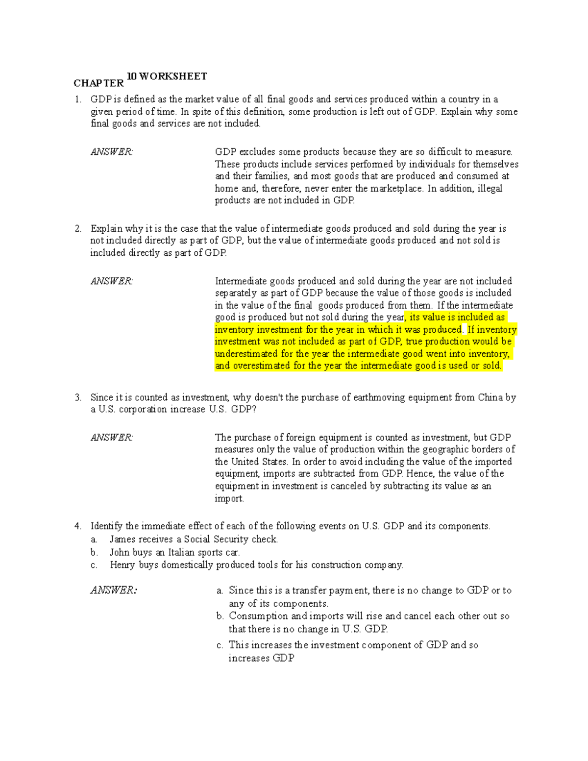 Chapter 10 Worksheet Answer Key: Understanding GDP Concepts - Studocu
