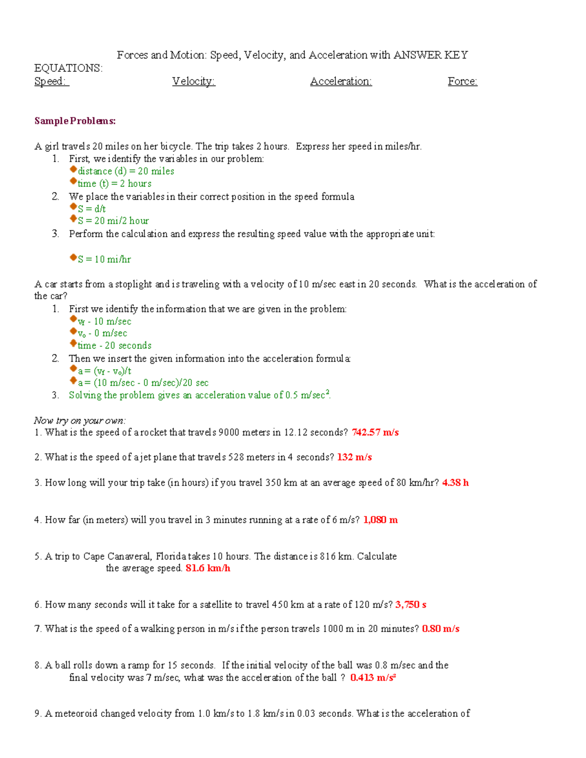 Forces and Motion: Speed, Velocity, Acceleration Worksheet & Answer Key - Studocu